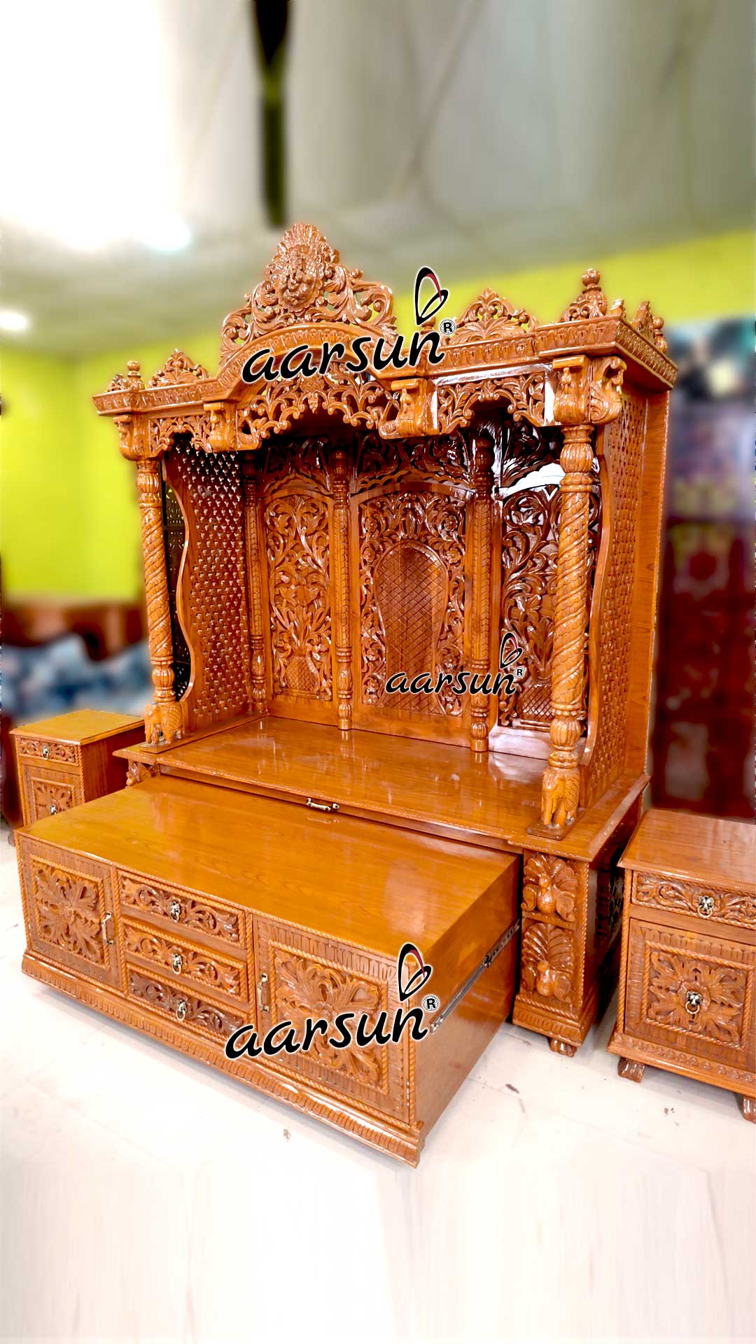 Mandir Design Elegant Pooja Mandir with Sliding Cabinet and Dual Side ...